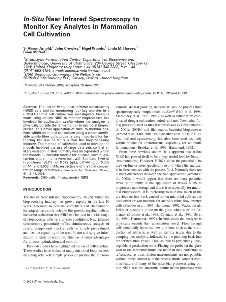 Biotech Bioengineering - 2003 - Arnold - in Situ Near Infrared Spectroscopy To Monitor Key ...