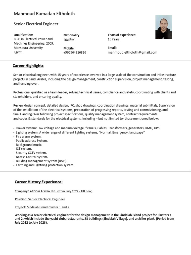 Senior Electrical Engineer. Mahmoud Eltholoth | PDF