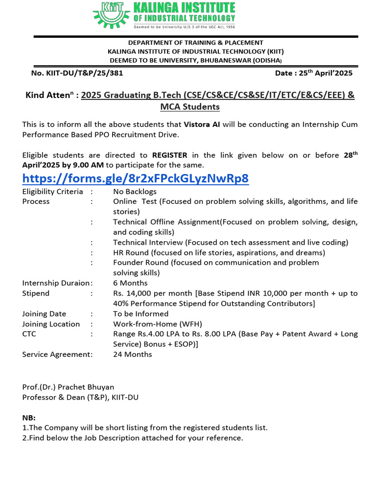 Vistora AI Internship Recruitment Drive | PDF