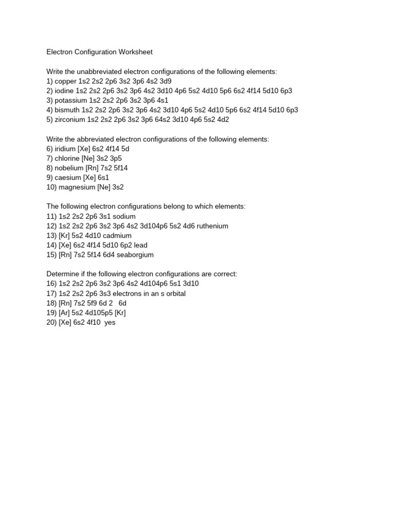Electron Configuration Worksheet | PDF
