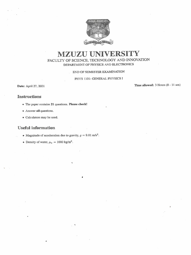 PHYS 1101 General Physics I ODL End of Semester Examination April 2021 ...