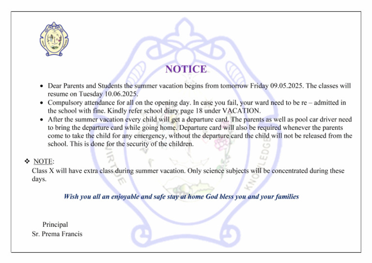 Summer Vacation Notice | PDF