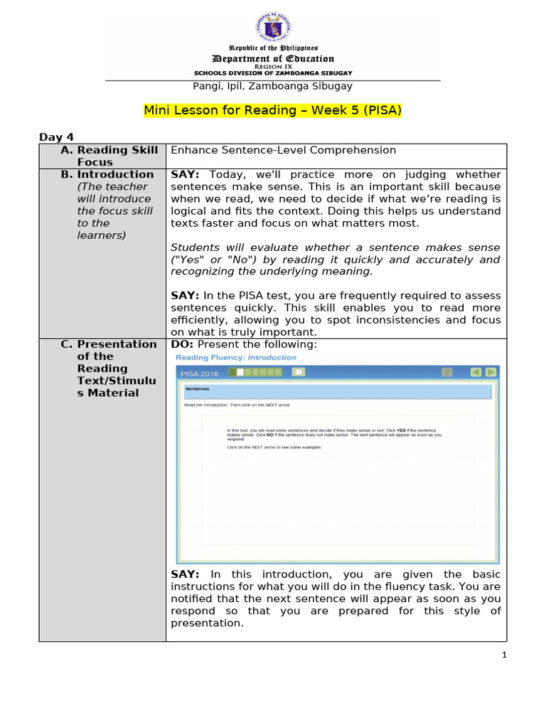 Week5 Day4 PISA Mini Lesson Reading-Fluency | PDF | Behavioural ...