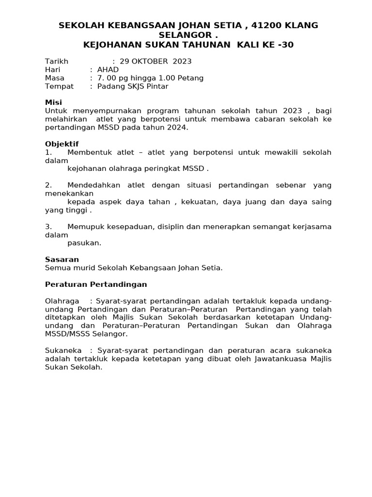 Kertas Kerja Sekolah Kebangsaan Johan Setia Ke-30 | PDF