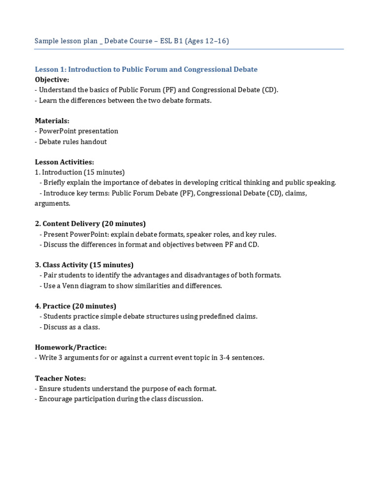 ESL Debate Course: Lesson Plan Overview | PDF | Homework | Argument