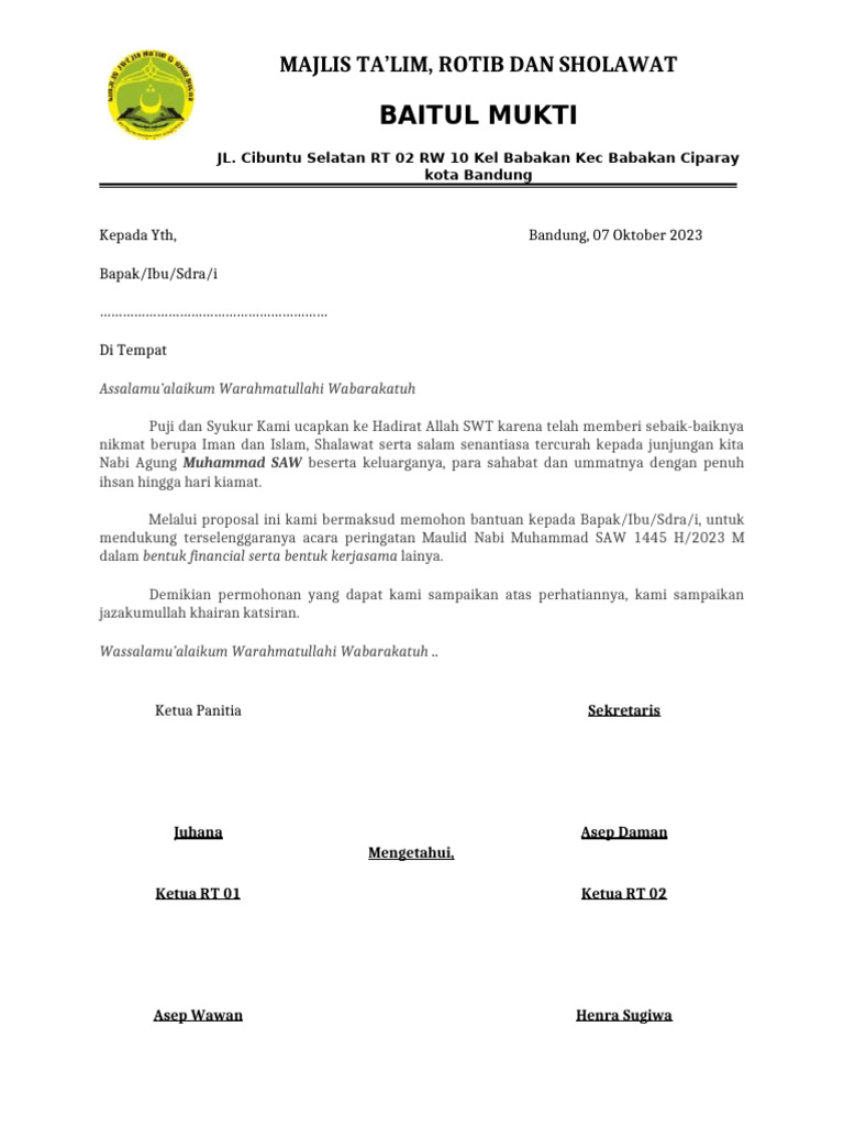 Permohonan Dukungan Maulid Nabi 1445 H | PDF