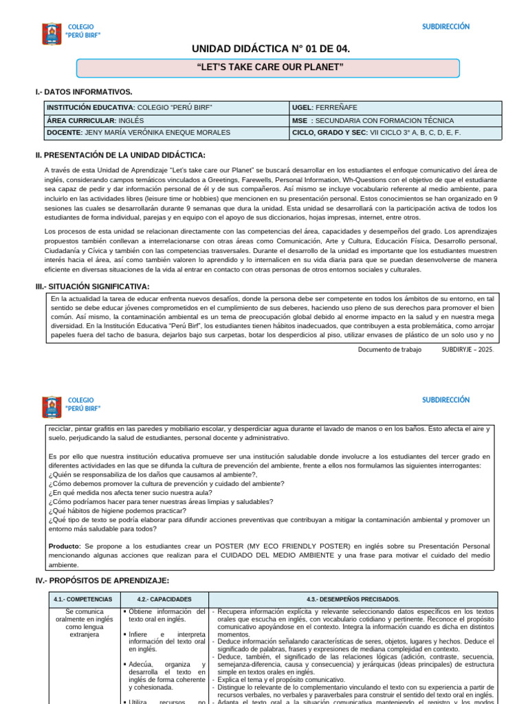 UNIDAD DIDACTICA N°1 - Tercero 2025 | PDF | Aprendizaje | Idioma en Inglés