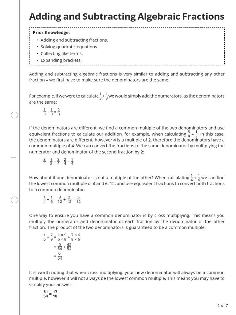 Adding and Subtracting Algebraic Fractions KS4 - Walkthrough Worksheet | PDF | Mathematical ...