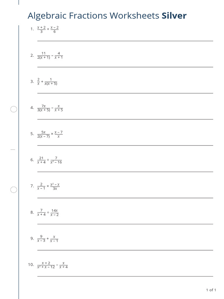 Algebraic Fractions Worksheet | PDF