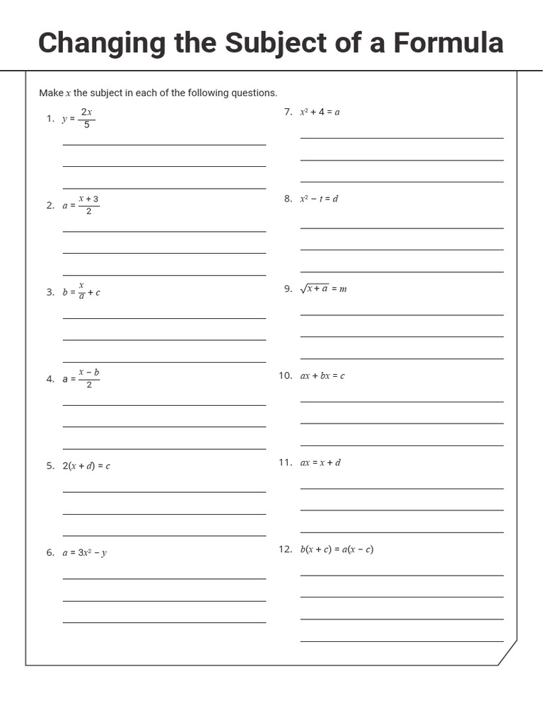 Algebra Changing The Subject of A Formula Activity Sheet | PDF | Chess ...