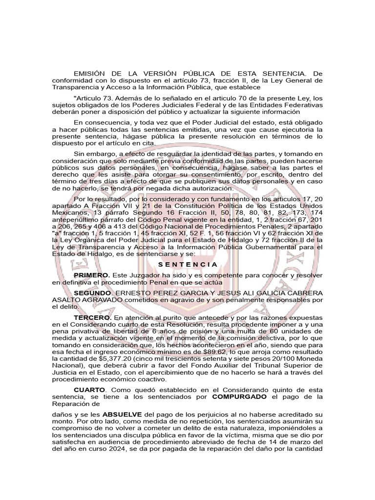 SENTENCIA | PDF | Intención (Derecho Penal) | Castigos