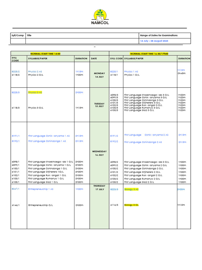 Mock Time Table July-August 2025 | PDF