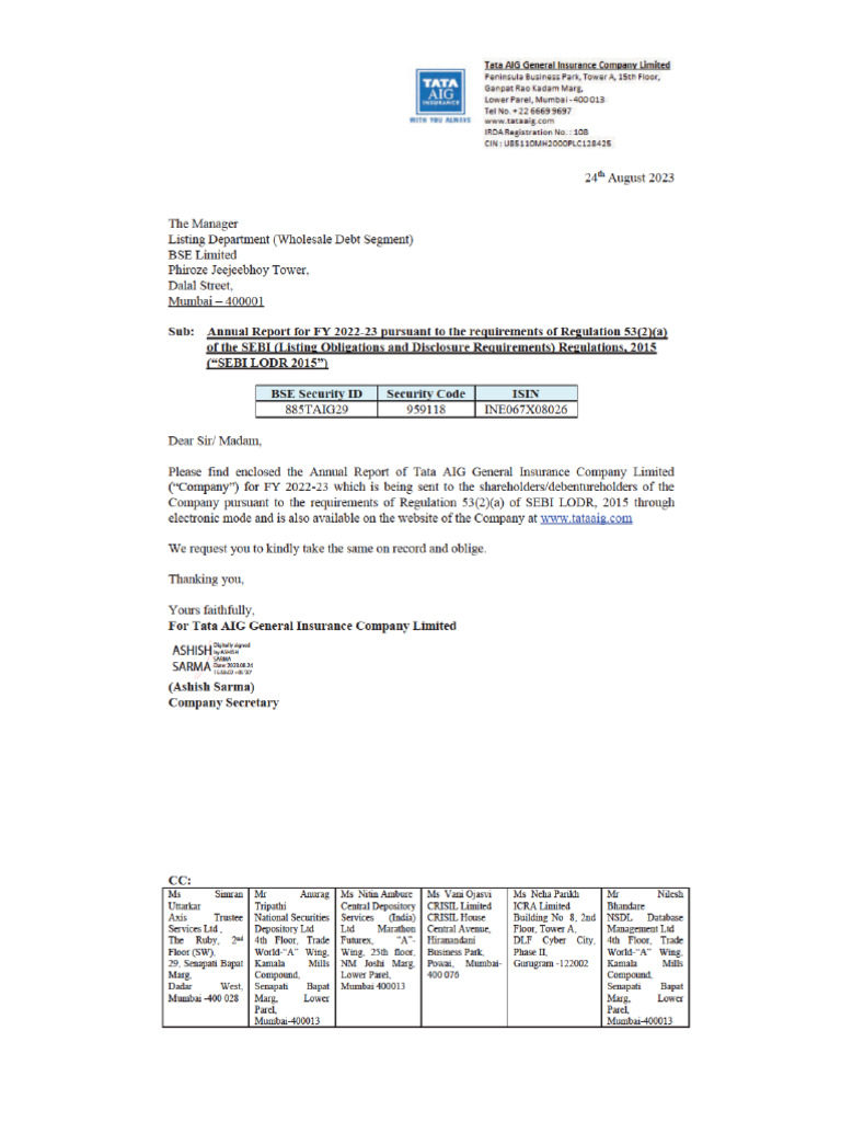 2022-23 TATA AIG Annual Report For Fy 35d0f74714 | PDF | Insurance | Corporate Social Responsibility