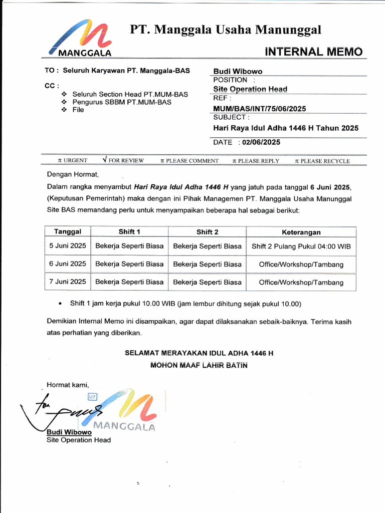 Rev - Internal Memo - Idul Adha Tahun 2025 - PT MUM BAS - R2 | PDF