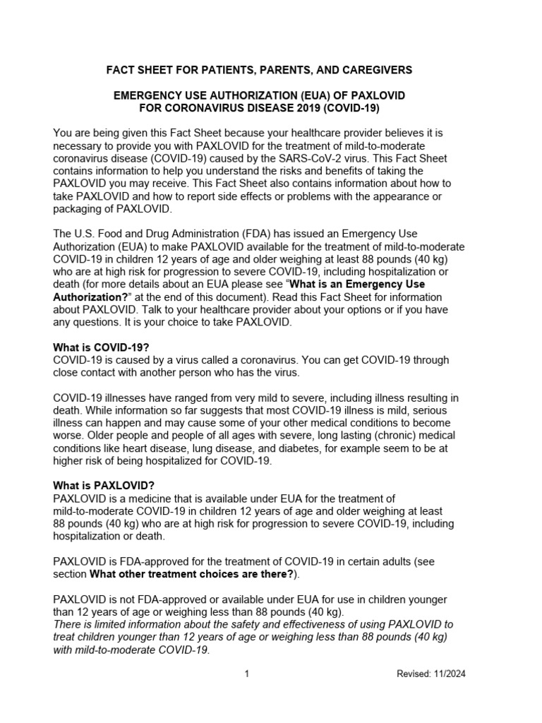 Paxlovid EUA Fact Sheet for Patients | PDF | Pharmacology | Clinical ...