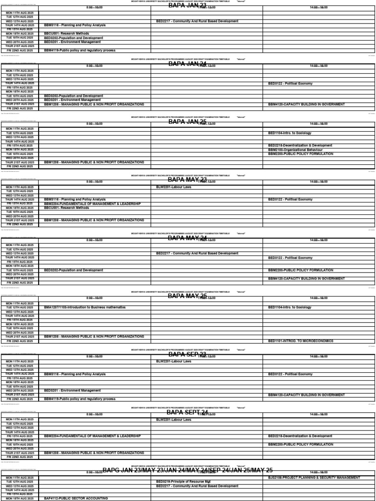 Bachelor's Regular August 2025 Draft Exam Timetable | PDF | Computing | Applied Mathematics