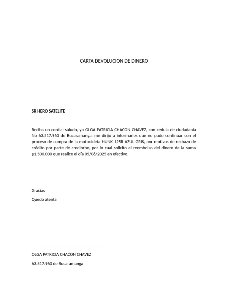 Carta Devolucion de Dinero | PDF