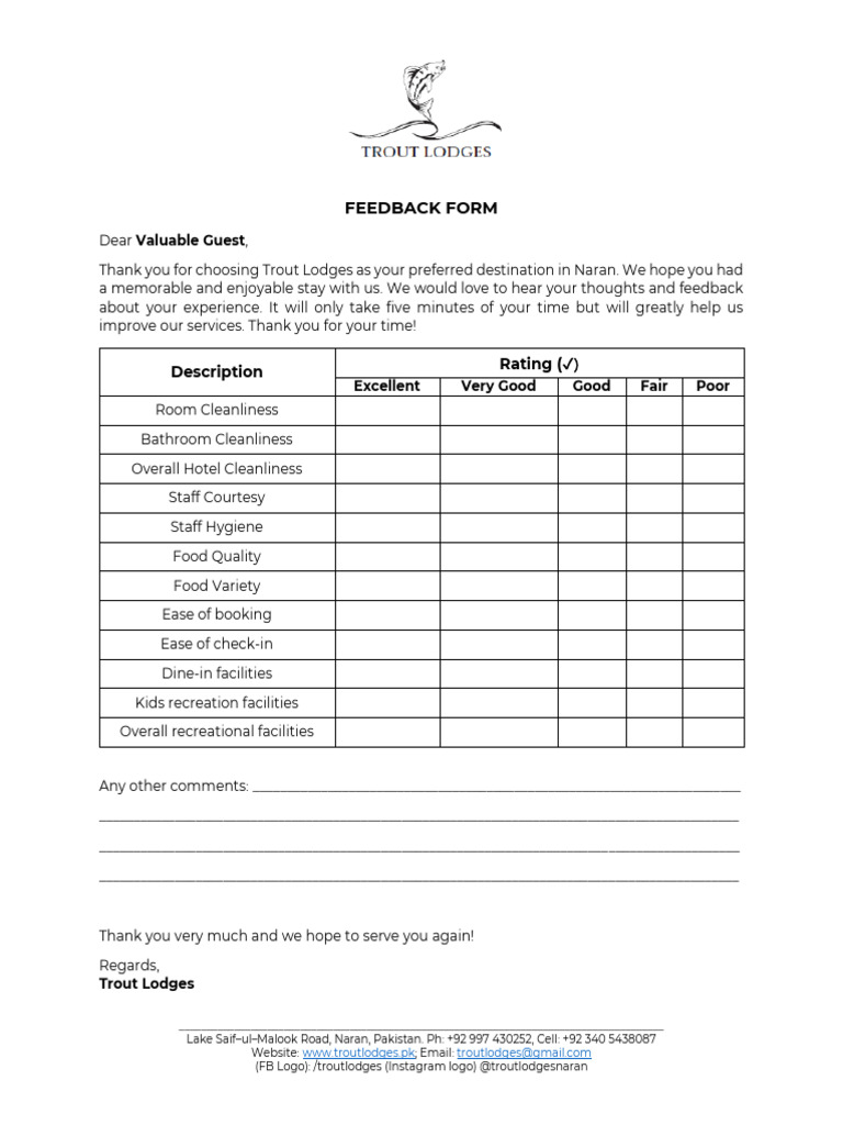 Trout Lodges Guest Feedback Form | PDF