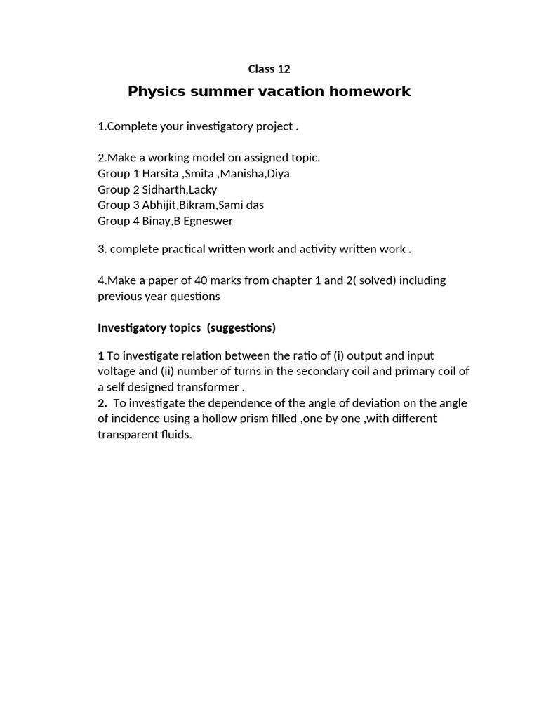 Class 12 Summer Vacation Work Physics | PDF