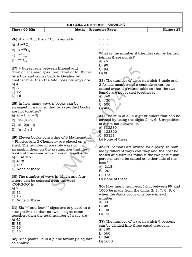 ISC 444 JEE Test 2024-25 Maths Paper | PDF | Mathematics