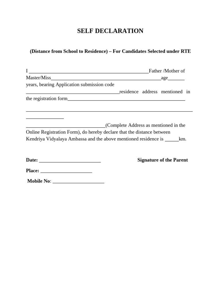 RTE Self Declaration Form for Admission | PDF