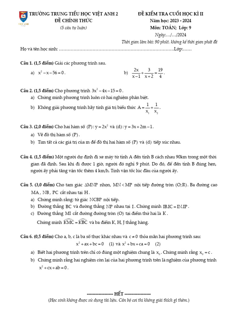 De Cuoi Hoc Ki 2 Toan 9 Nam 2023 2024 Truong Viet Anh 2 Binh Duong | PDF