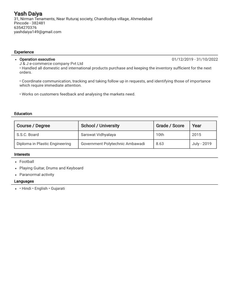 Resume Yash Daiy A | PDF