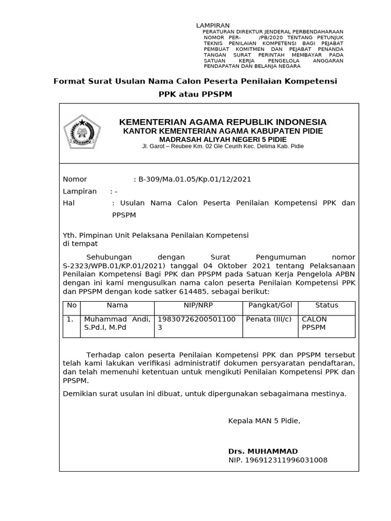 Format Surat Usulan KPA Nama Calon Peserta Penilaian Kompetensi PPK Atau PPSPM | PDF