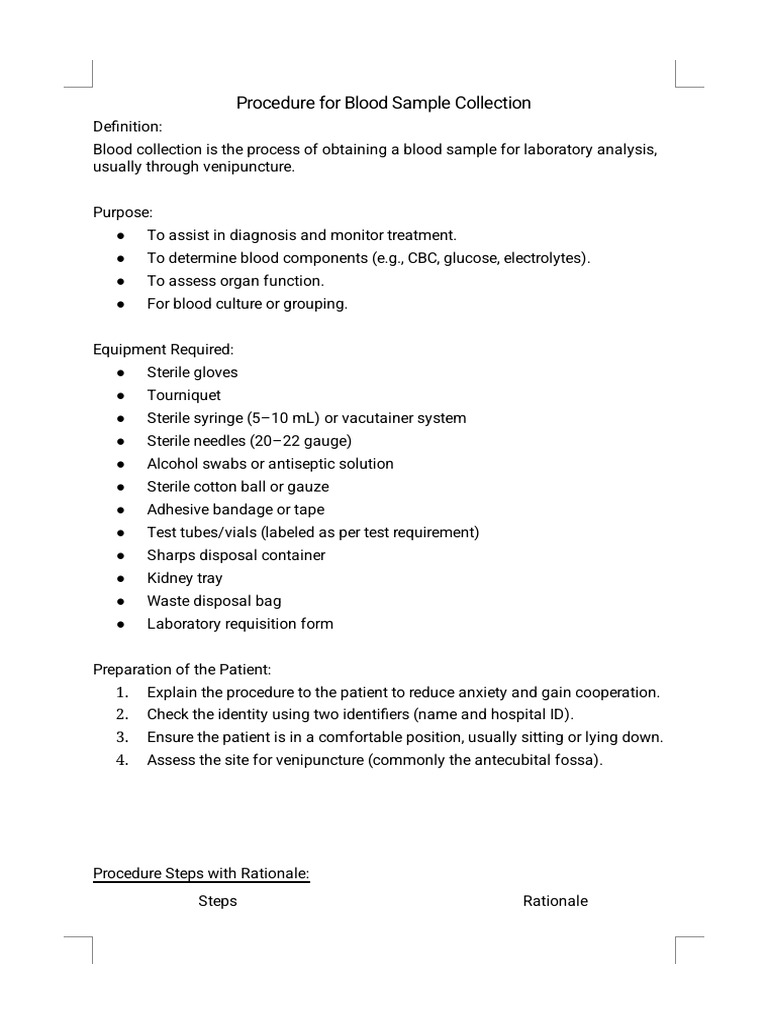 Procedure For Blood Sample Collection | PDF | Medicine | Clinical Medicine