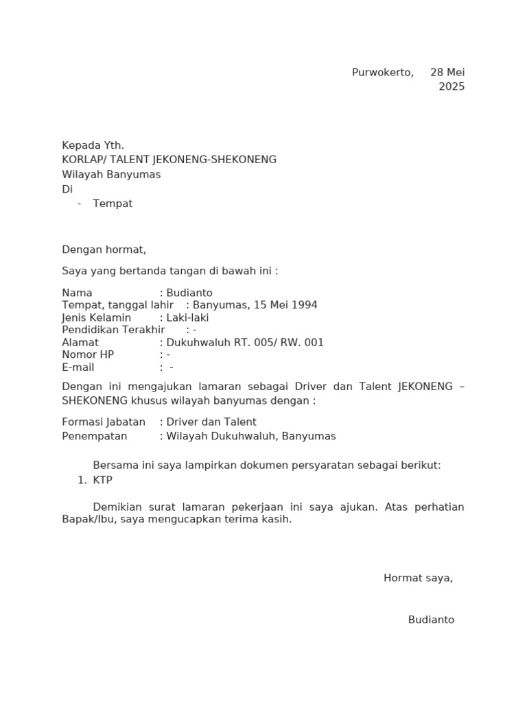 Format Surat Lamaran Budianto | PDF