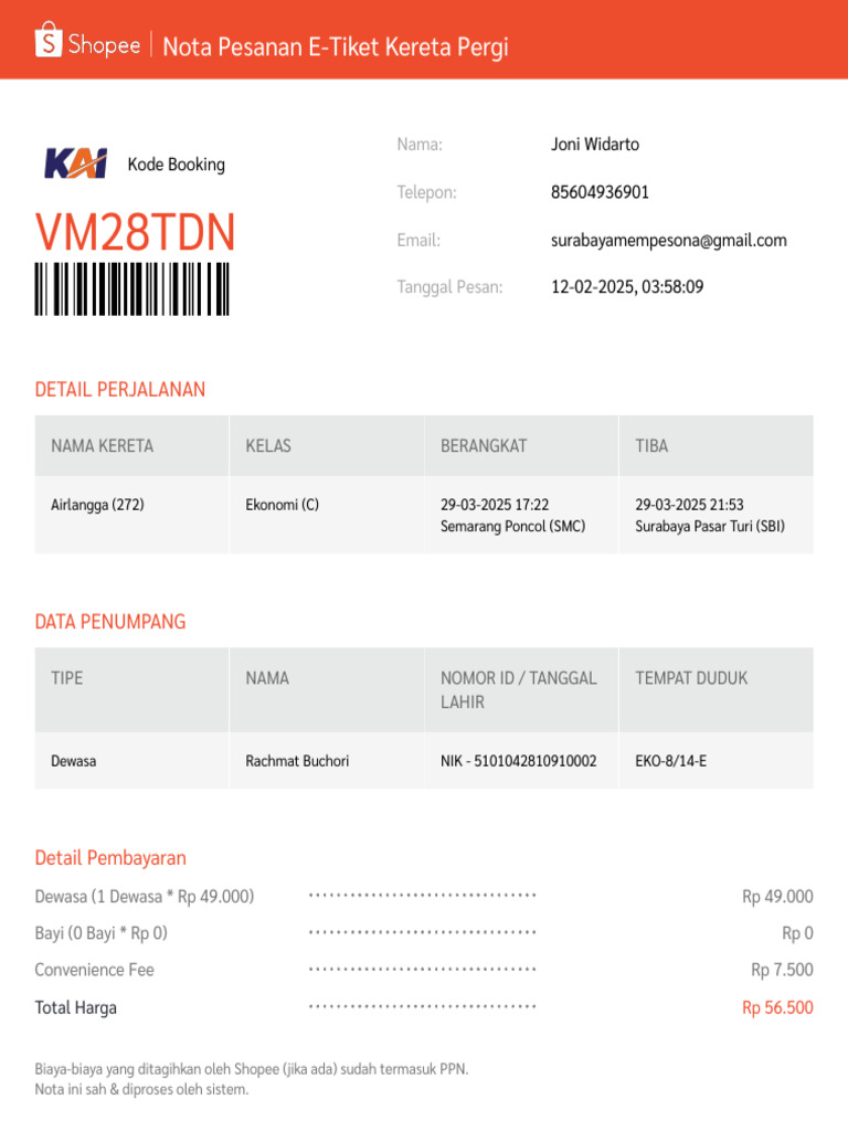 Nota E-Tiket Kereta Airlangga 272 | PDF