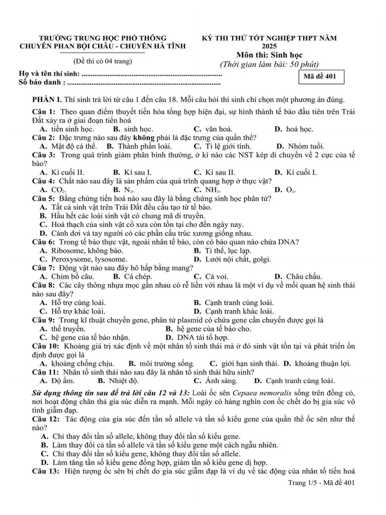 De Thi KSCL Mon Sinh Hoc - Chuyen Phan Boi Chau Chuyen Ha Tinh | PDF