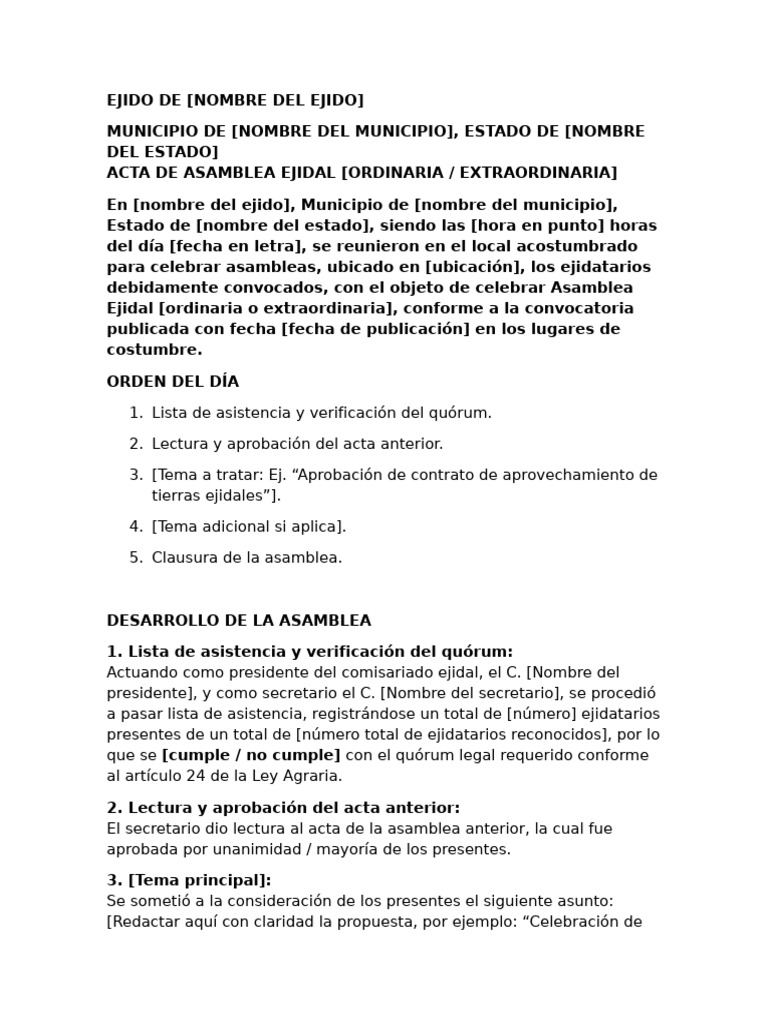 Acta de Asamblea Ejidal Ejemplo | PDF | Gobierno