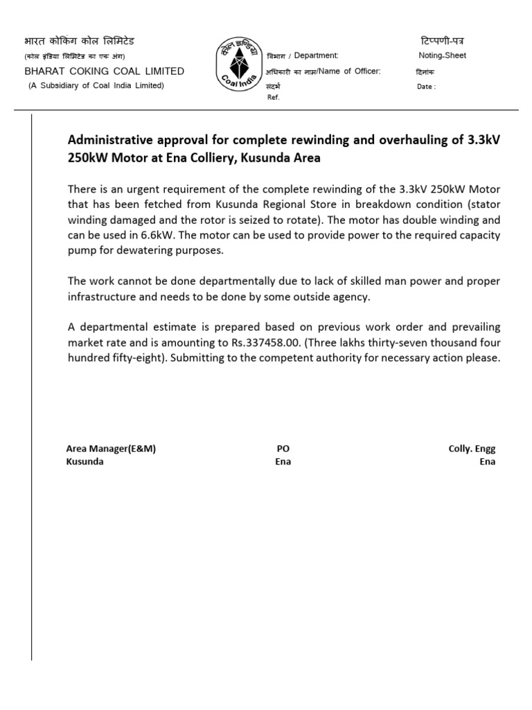 NoteSheet - Rewinding of 3.3kV 250kW Motor | PDF