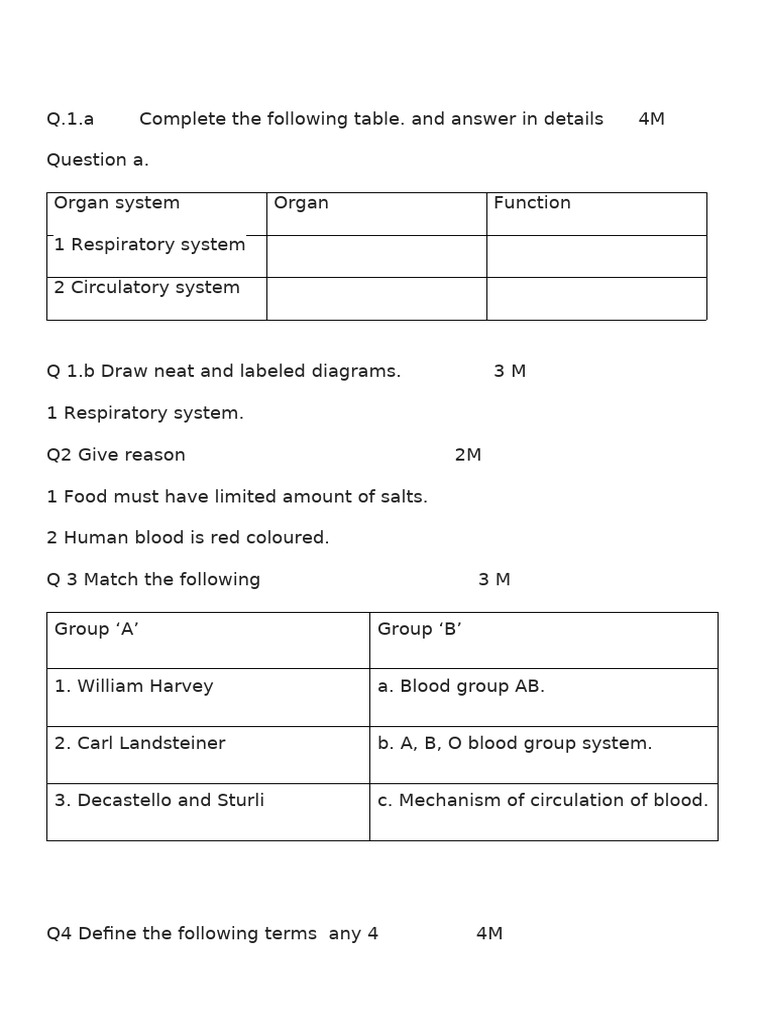 Question Paper State VIII Human Body and Organ System | PDF