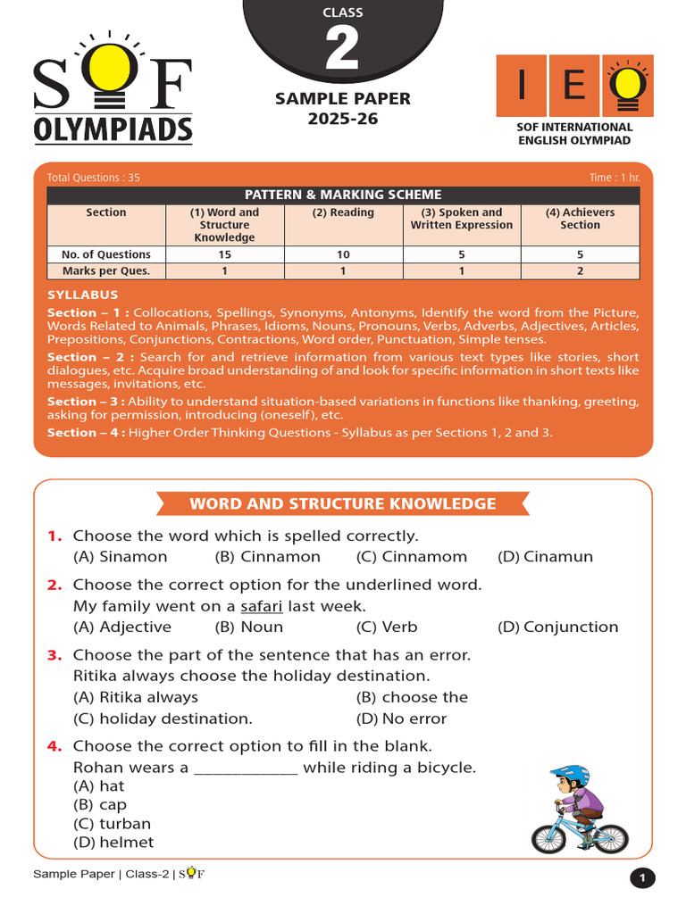 Class 2 English Olympiad Sample Paper | PDF | Word | Verb