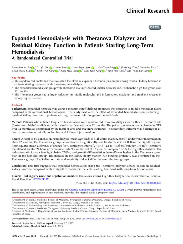 Expanded Hemodialysis With Theranova Dialyzer And.578 | PDF ...