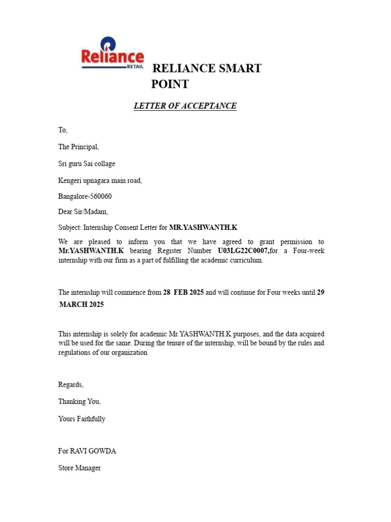 Reliance Smart Point: Letter of Acceptance | PDF