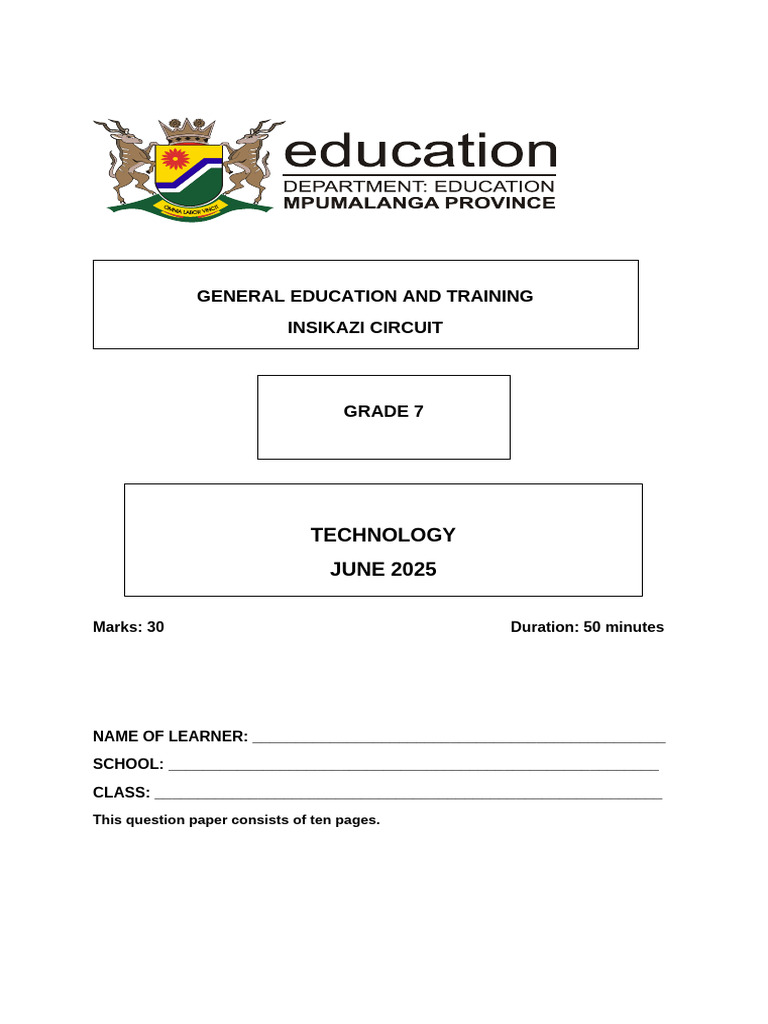 Grade 7 Technology June 25 QP | PDF | Lever | Machines