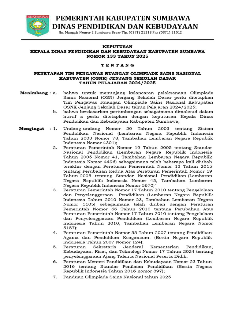 SK Tim Pengawas Osn 2025 | PDF