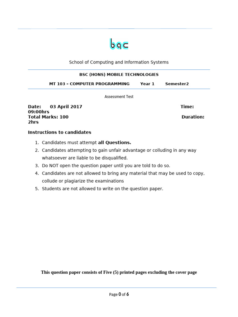 MT 103 Assessment Test March 2017 | PDF | Method (Computer Programming ...