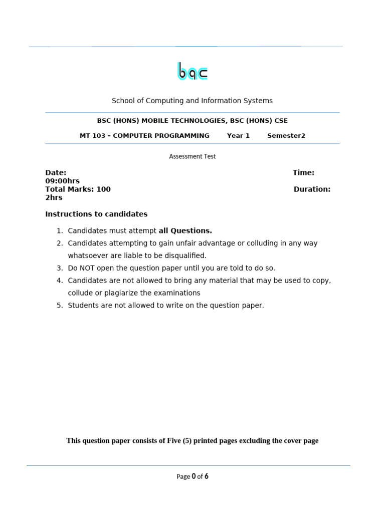 MT 103 Assessment Test March 2020 | PDF | Integer (Computer Science ...