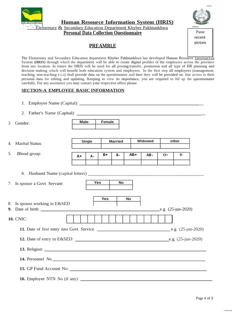 Khyber Pakhtunkhwa HRIS Employee Questionnaire | PDF