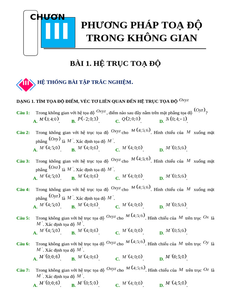 02 03-01-03 Hh12 Chuong III PPTĐ He Truc Toa Do Trac Nghiem Theo Dang de | PDF