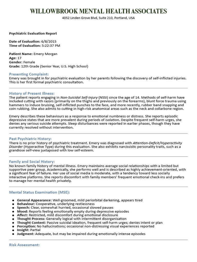 Adolescent Mental Health Evaluation Report | PDF | Major Depressive ...