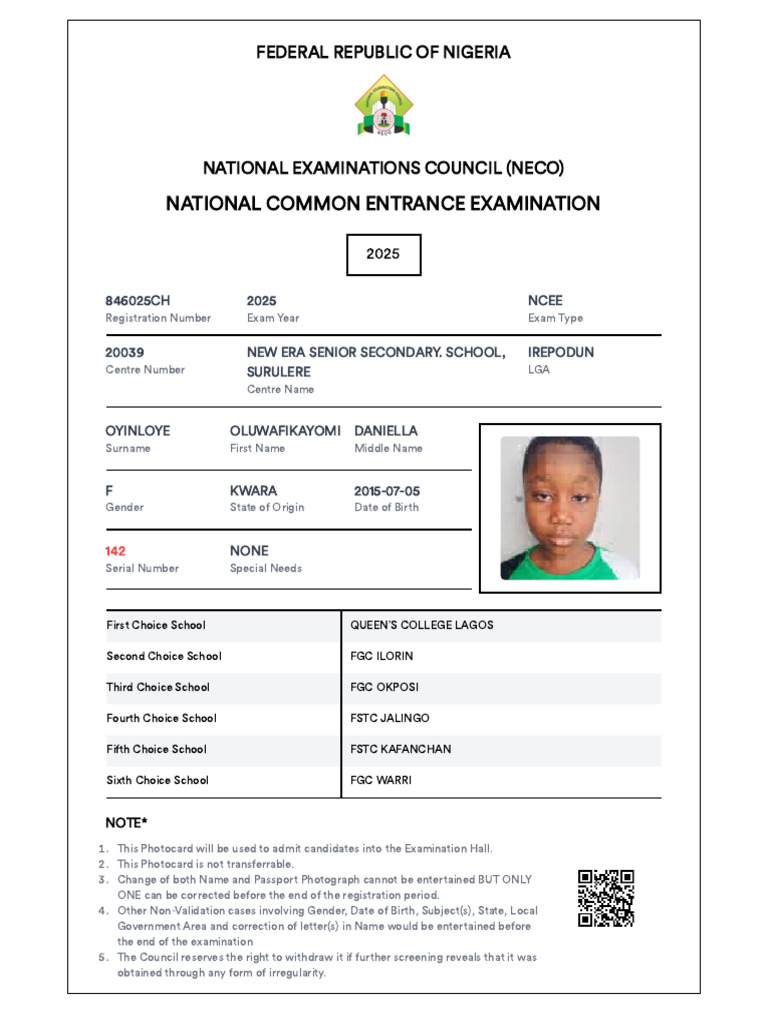 2025 National Common Entrance Results | PDF