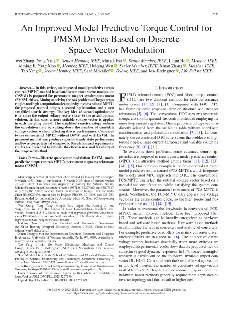 An Improved Model Predictive Torque Control For Pmsm Drives Based On Discrete Space Vector