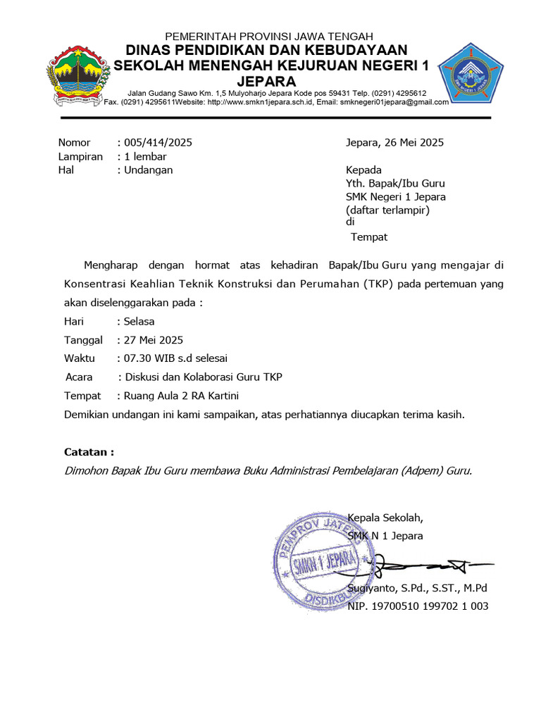 Undangan Diskusi Guru TKP SMK Jepara | PDF