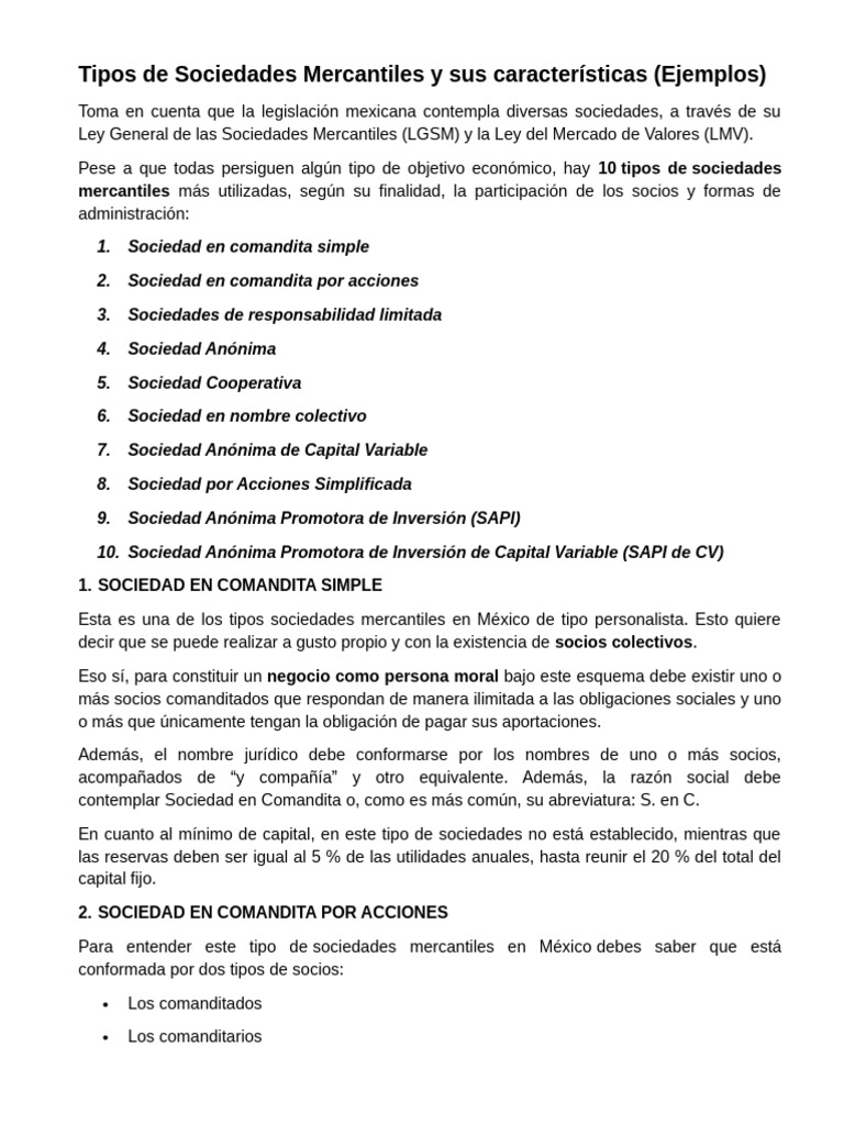 Tipos de Sociedades Mercantiles y Sus Características | PDF | Sociedad ...