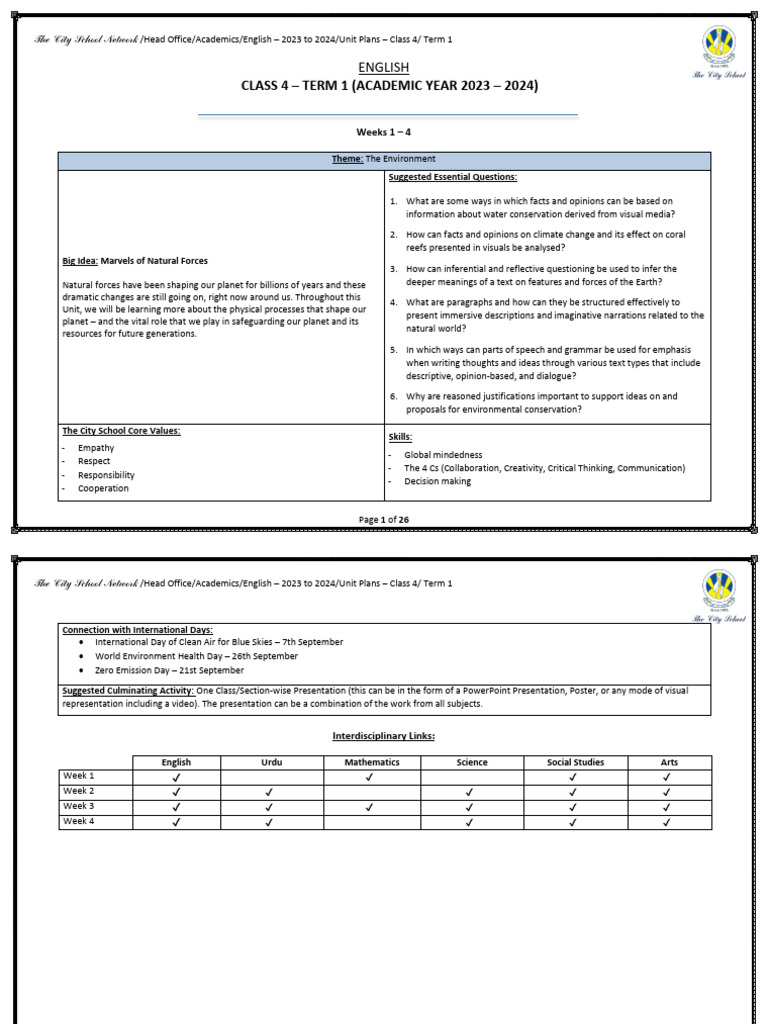 (SR) Class 4 - Unit Plan (Weeks 1-4 Edited) | PDF | Noun | Grammatical ...